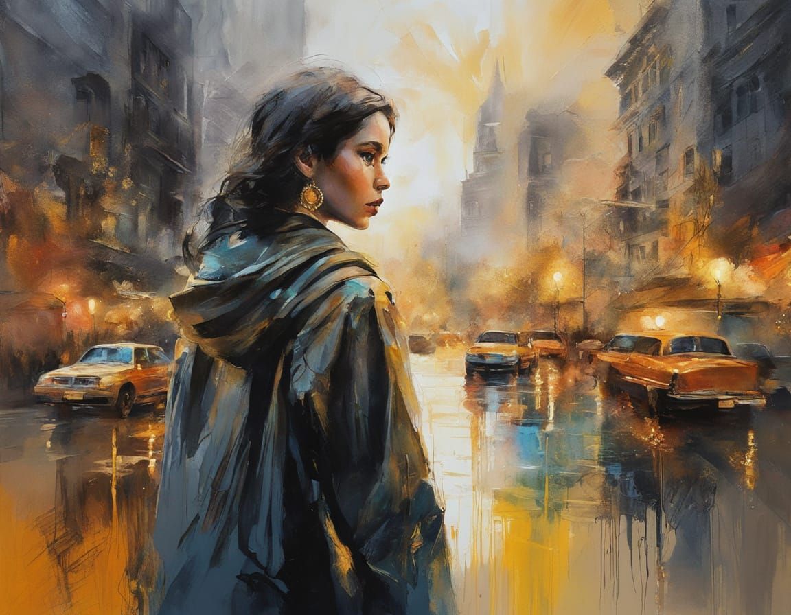 by Vincent - A mysterious woman stands amidst a blurred urban backdrop ...