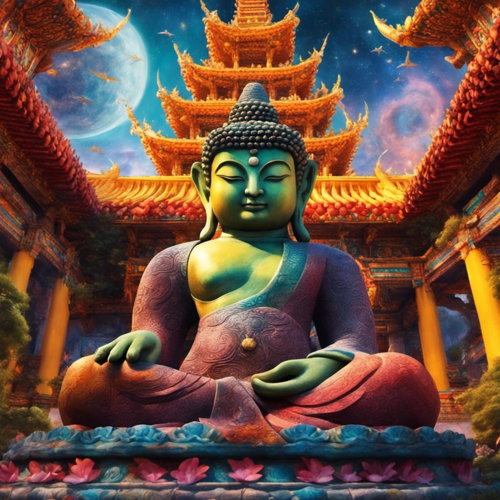 a colorful Buddha dragon sitting in front of an exotic temple staring ...