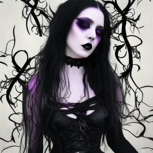 Ethereal gothic witch with Black rose vines wrapped around her& long ...