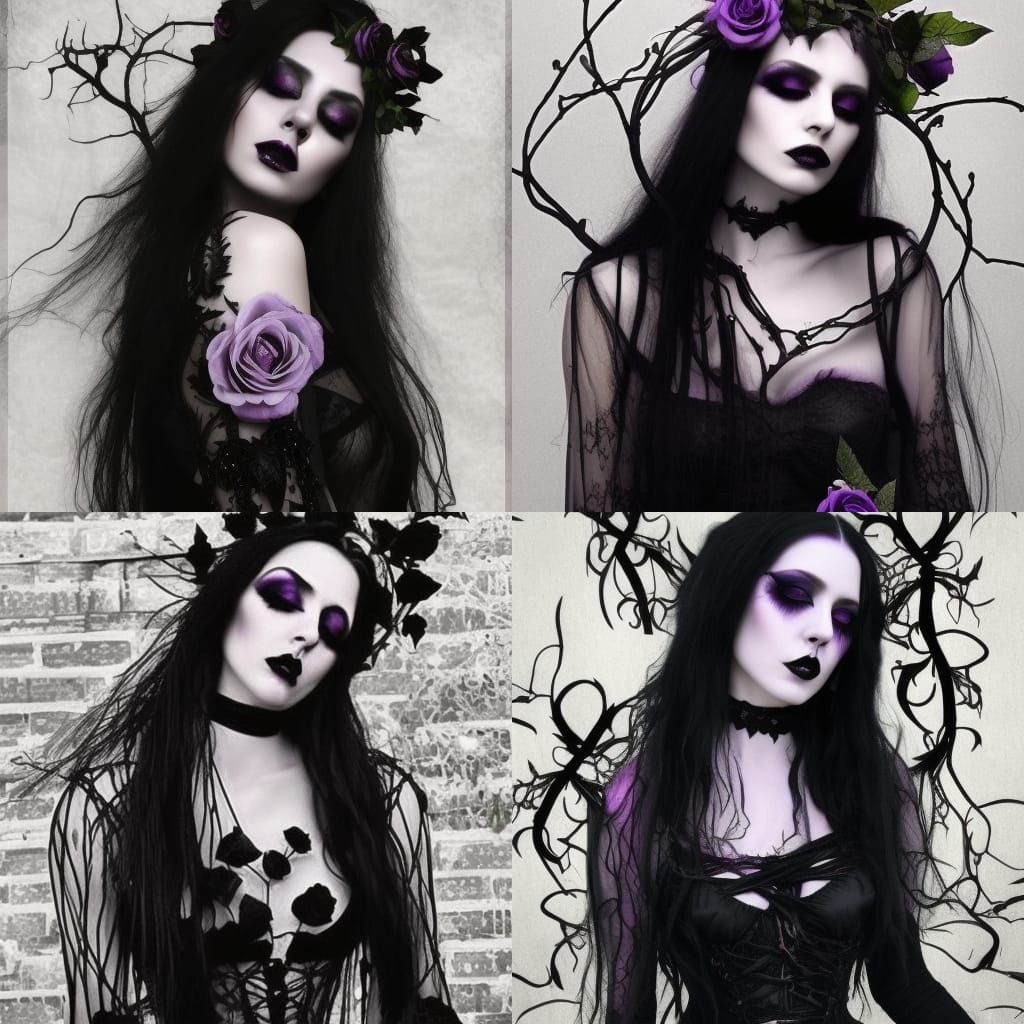 Ethereal gothic witch with Black rose vines wrapped around her& long ...