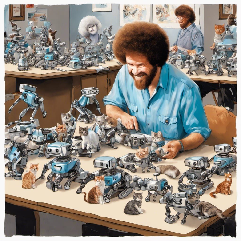 Bob Ross’s Happy little robot and cat factory - AI Generated Artwork ...