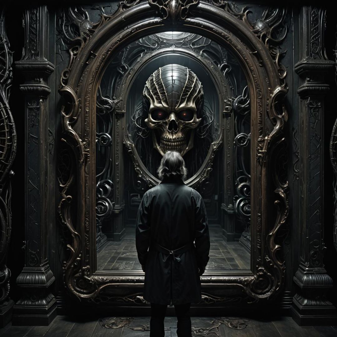 A person looking into a cursed mirror, the reflection distorts into ...
