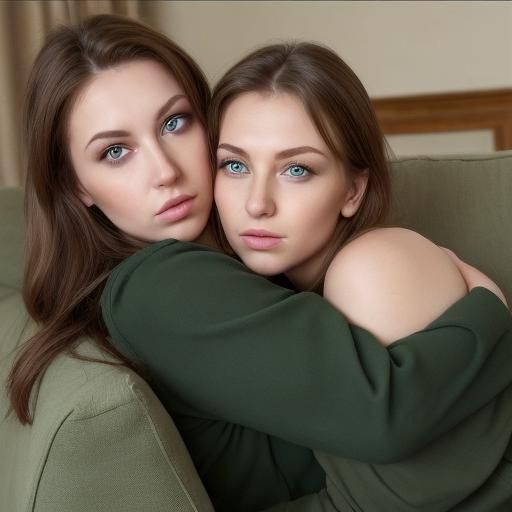 two beatiful women, green eyes, embracing on sofa, big bossom (skin1.5 ...