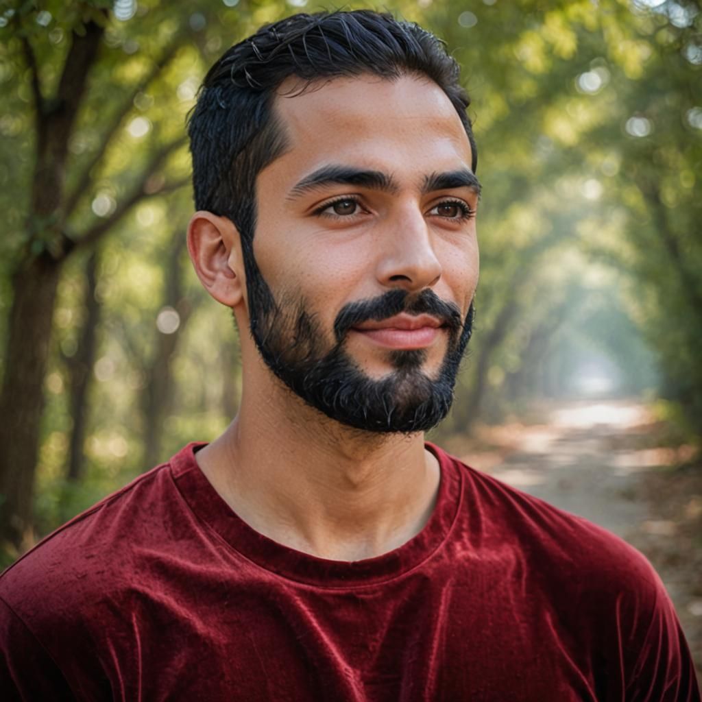 In the park. Khalid, a handsome young Arab with black hair and beard ...