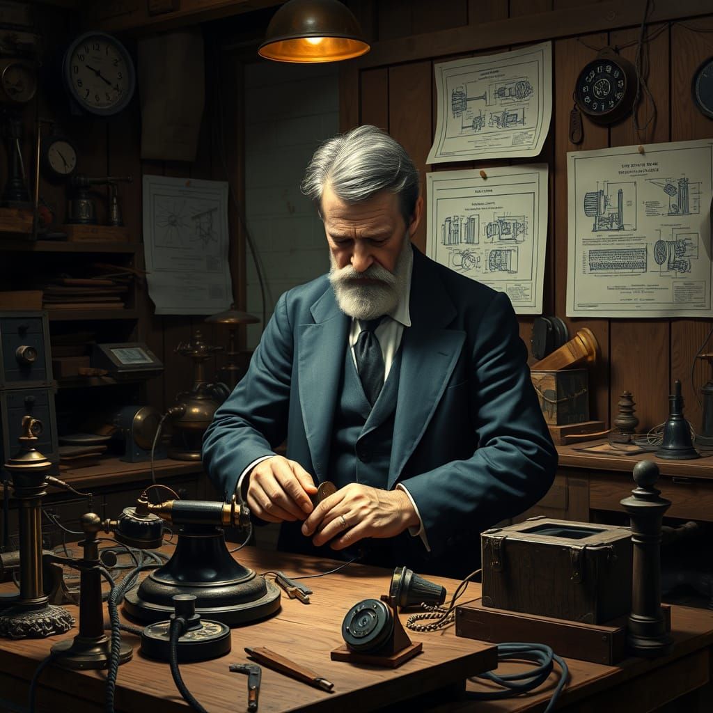 Historic Inventor Works on Groundbreaking Telephon... - AI Art