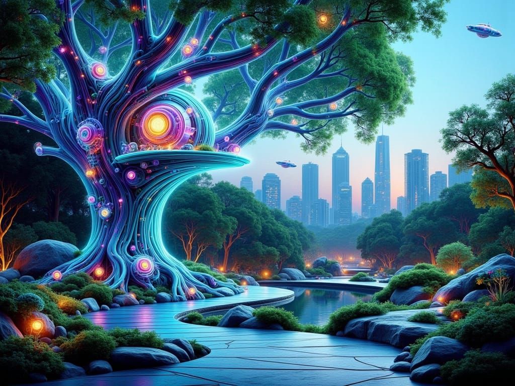 A translucent biological tree house set in a metallic biomechanical ...