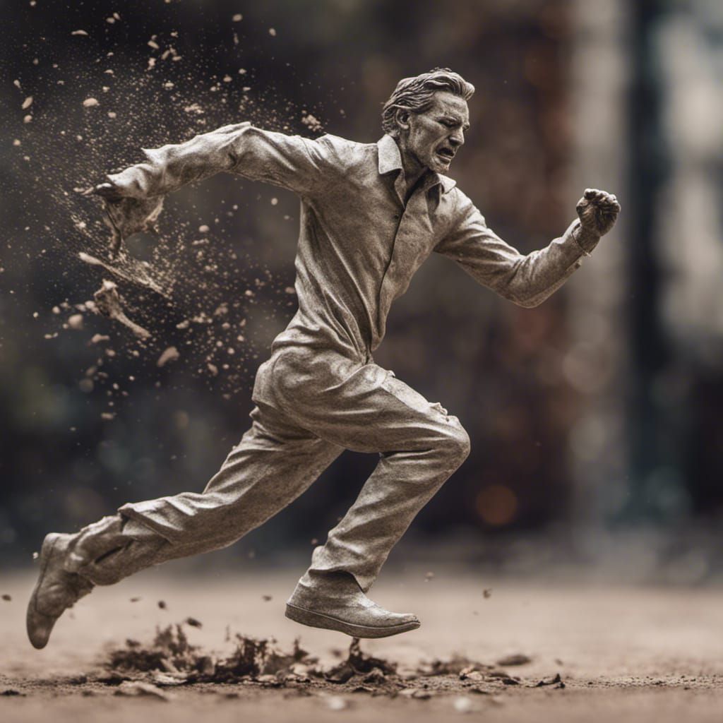 living sculpture in perpetual motion, a man running into a headwind ...