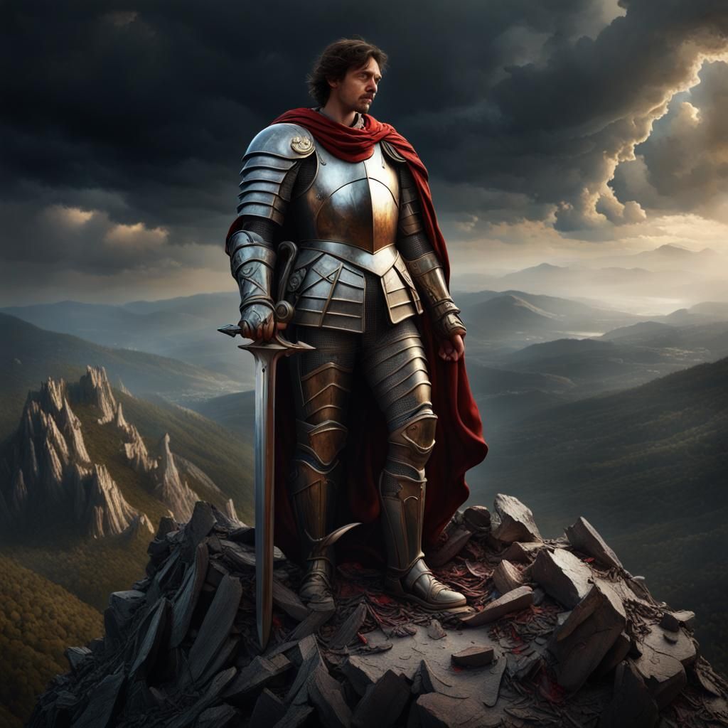 a brave knight standing atop a mountain looking down upon all the ...