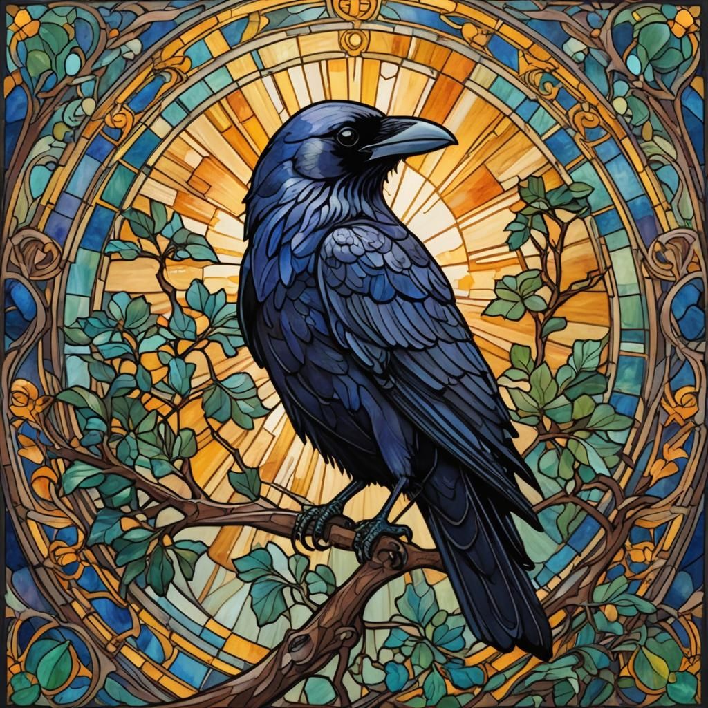 art nouveau stained glass raven on a branch with a sunburst background ...