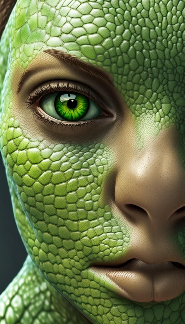 closeup digital illustration of the face of hybrid woman green ...