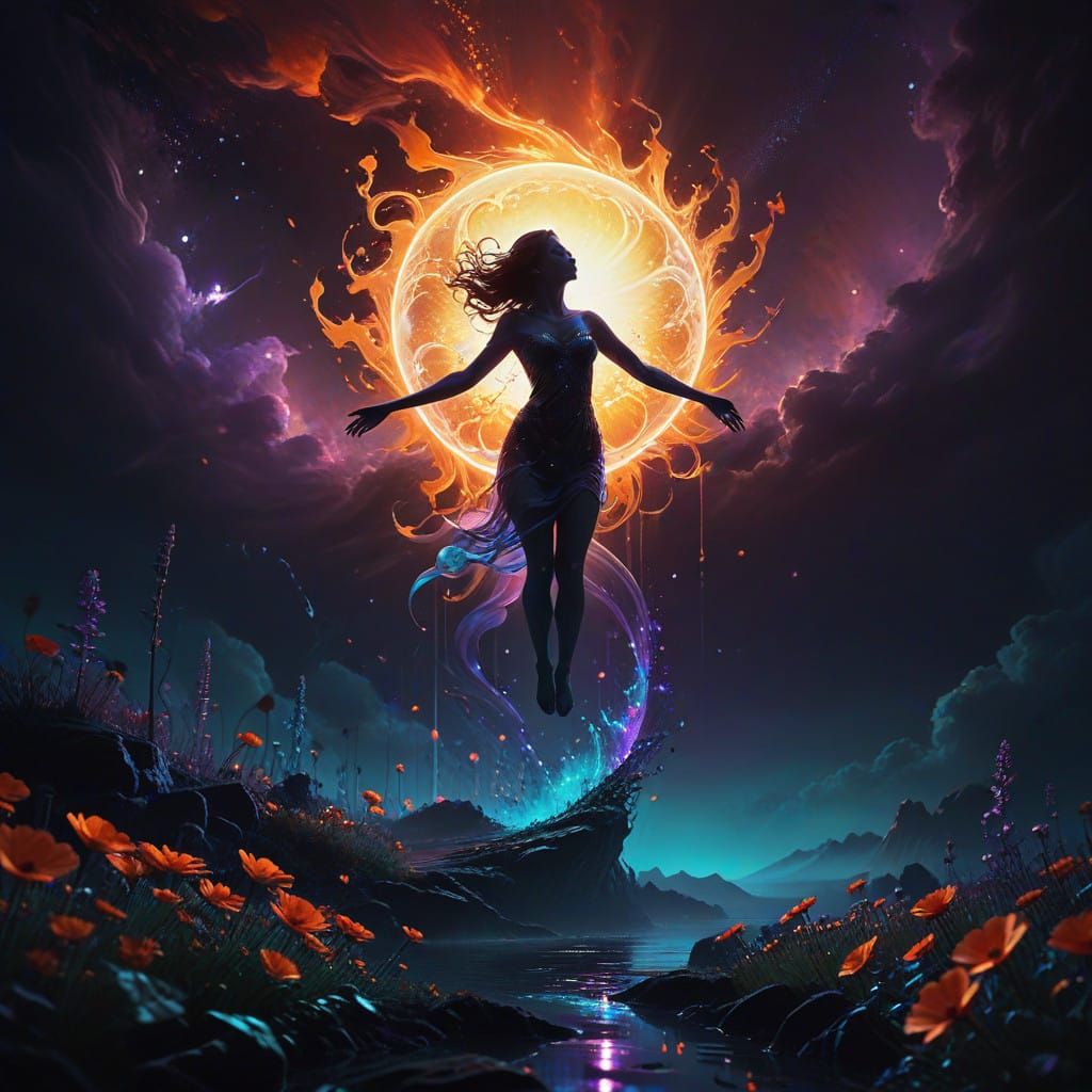 A surreal composition featuring a childlike figure floating ...