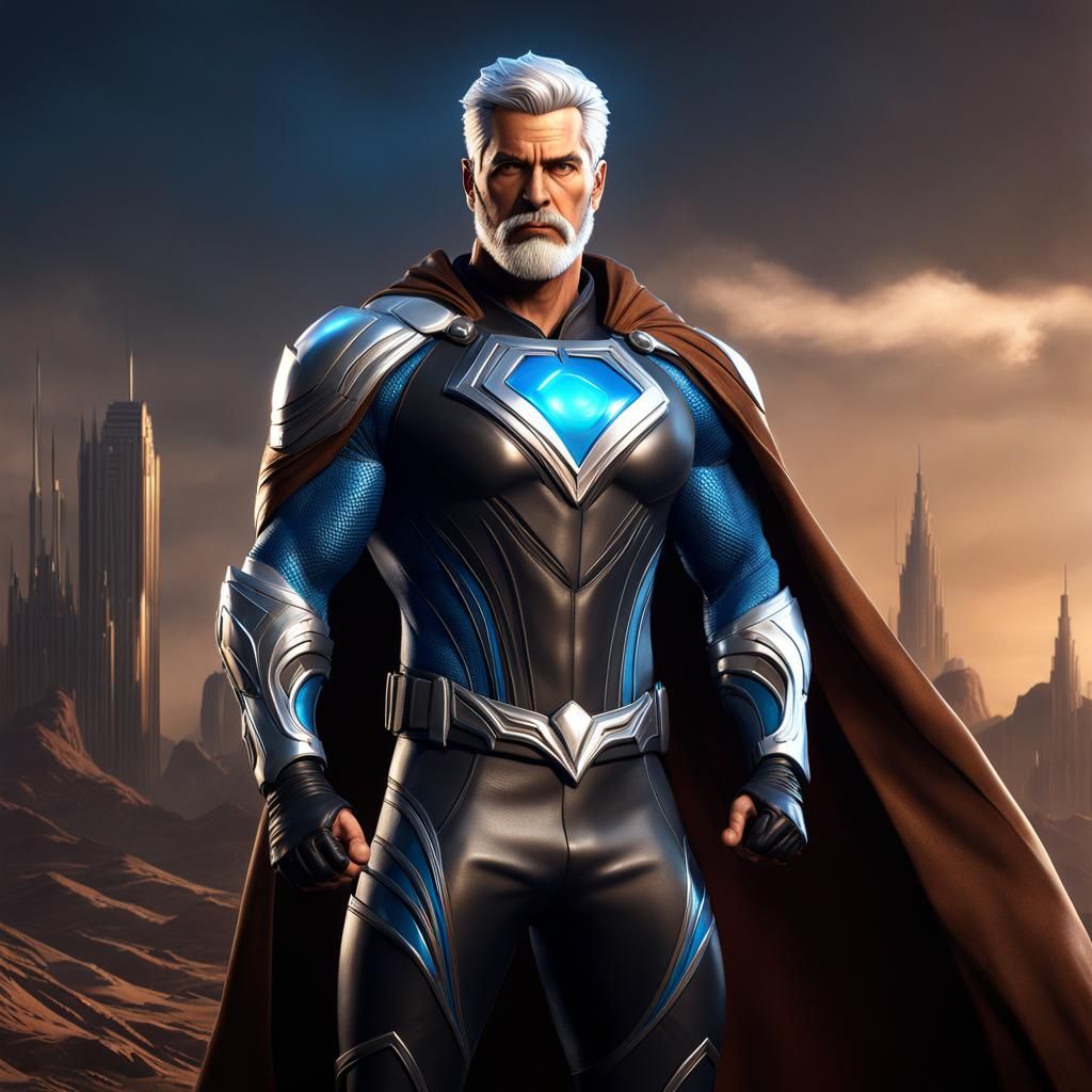 Full body portrait of a silver-haired, brown-eyed muscular male ...