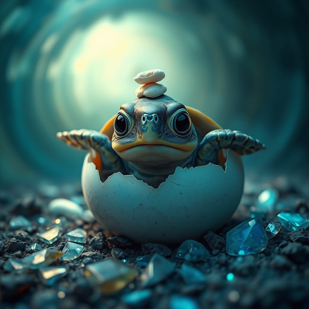 A confused turtle. - A Dreamlike Turtle Emerges from a Shatt...