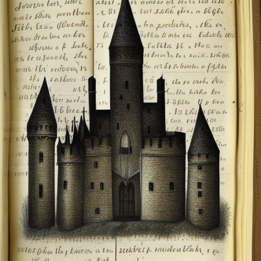 dark gothic fairytale castle emerging from the pages of an open manuscript. - AI Generated ...