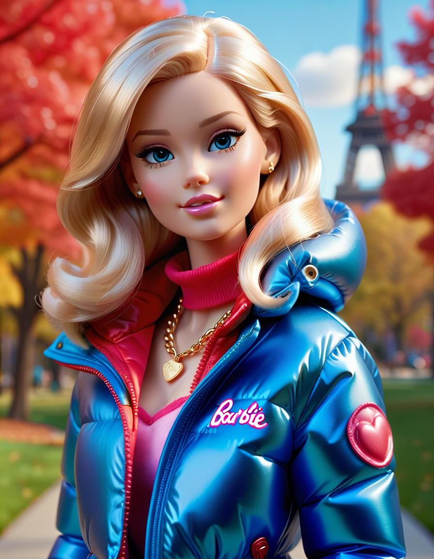 Barbie ins a blue shiny nylon puddy down jacket, cute pose, golden ...