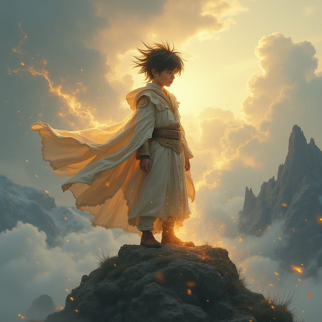 Mystical Boy Mastering Dragon Power on Windswept M... - AI Art