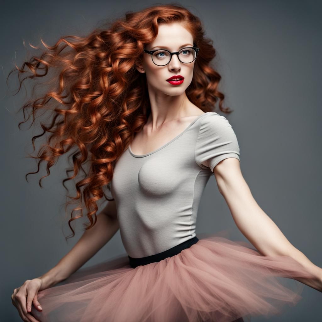 a beautiful girl with long curly red hair, freckles, glasses, and red ...