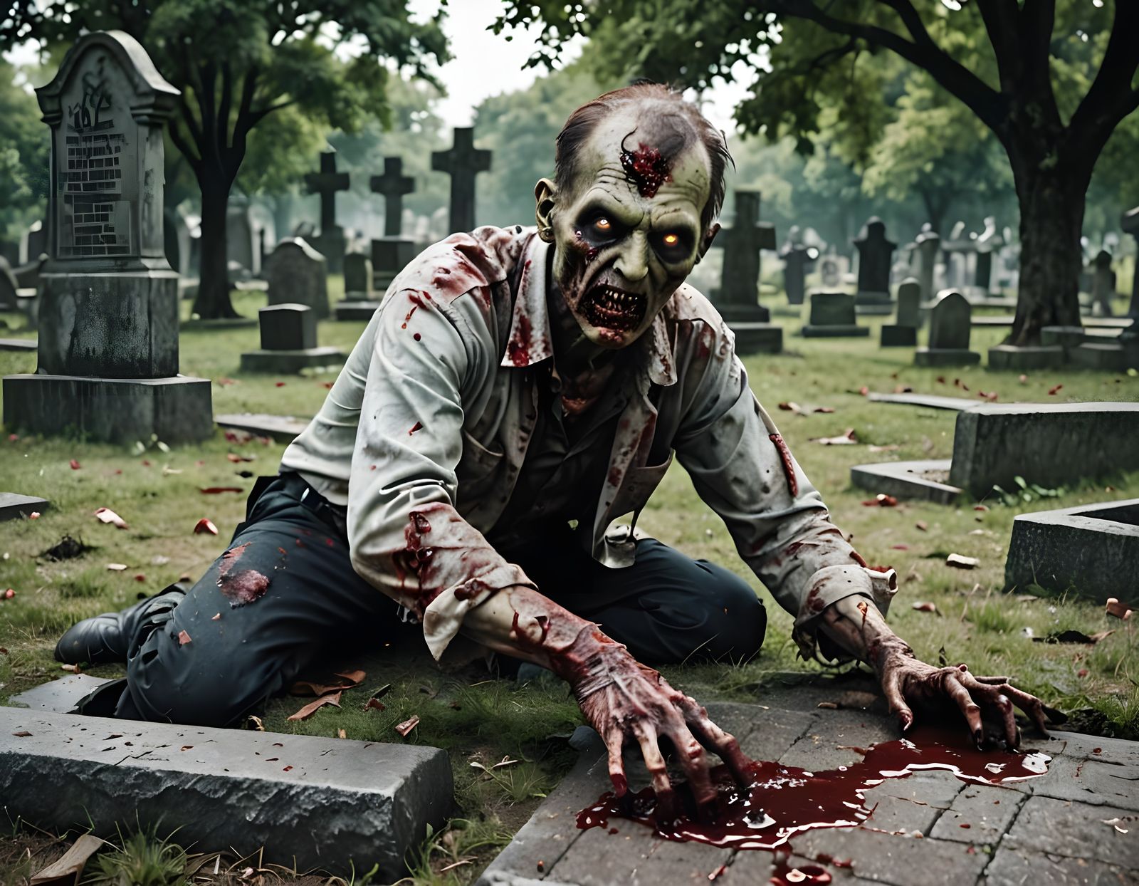 Grotesque Zombie Crawls Through a Haunted Cemetery - AI Art