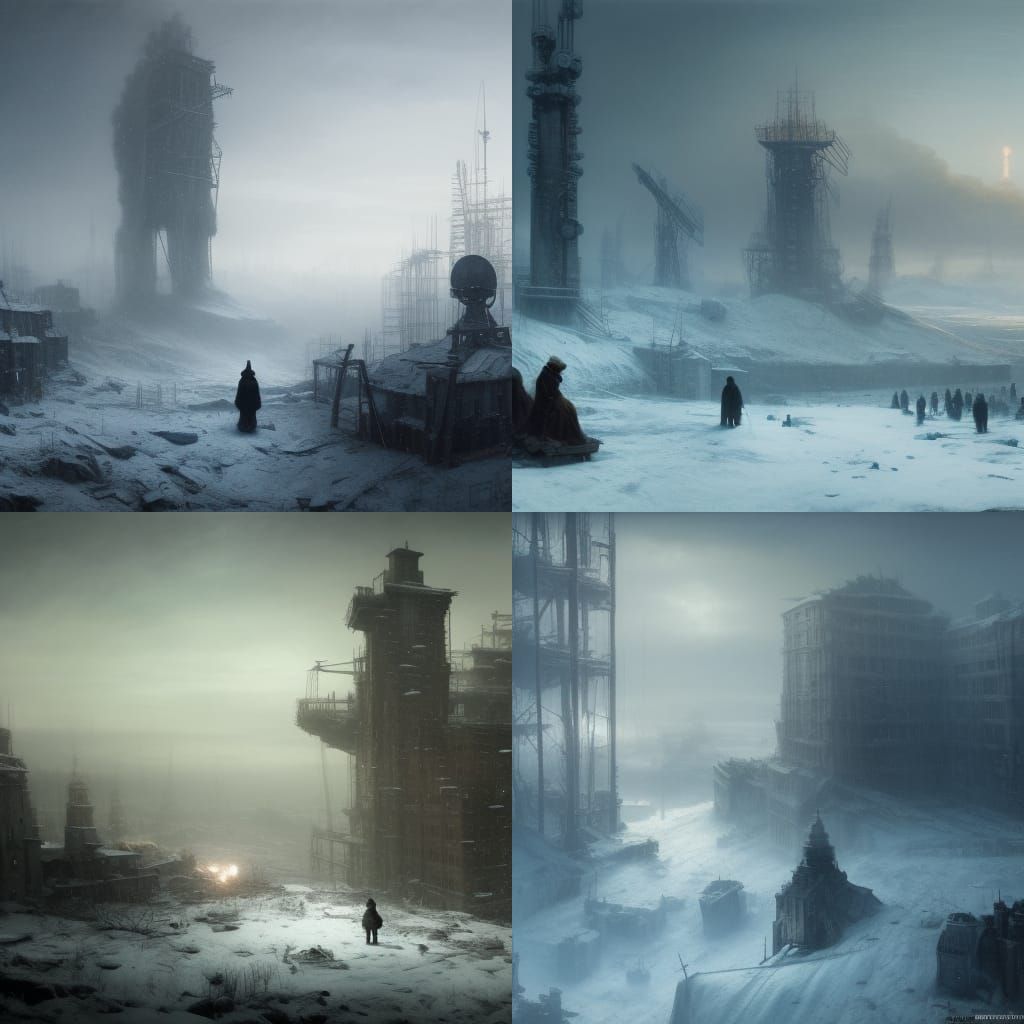 Frostpunk apocalypse, hyperrealism matte painting retrofuturism pastels ...