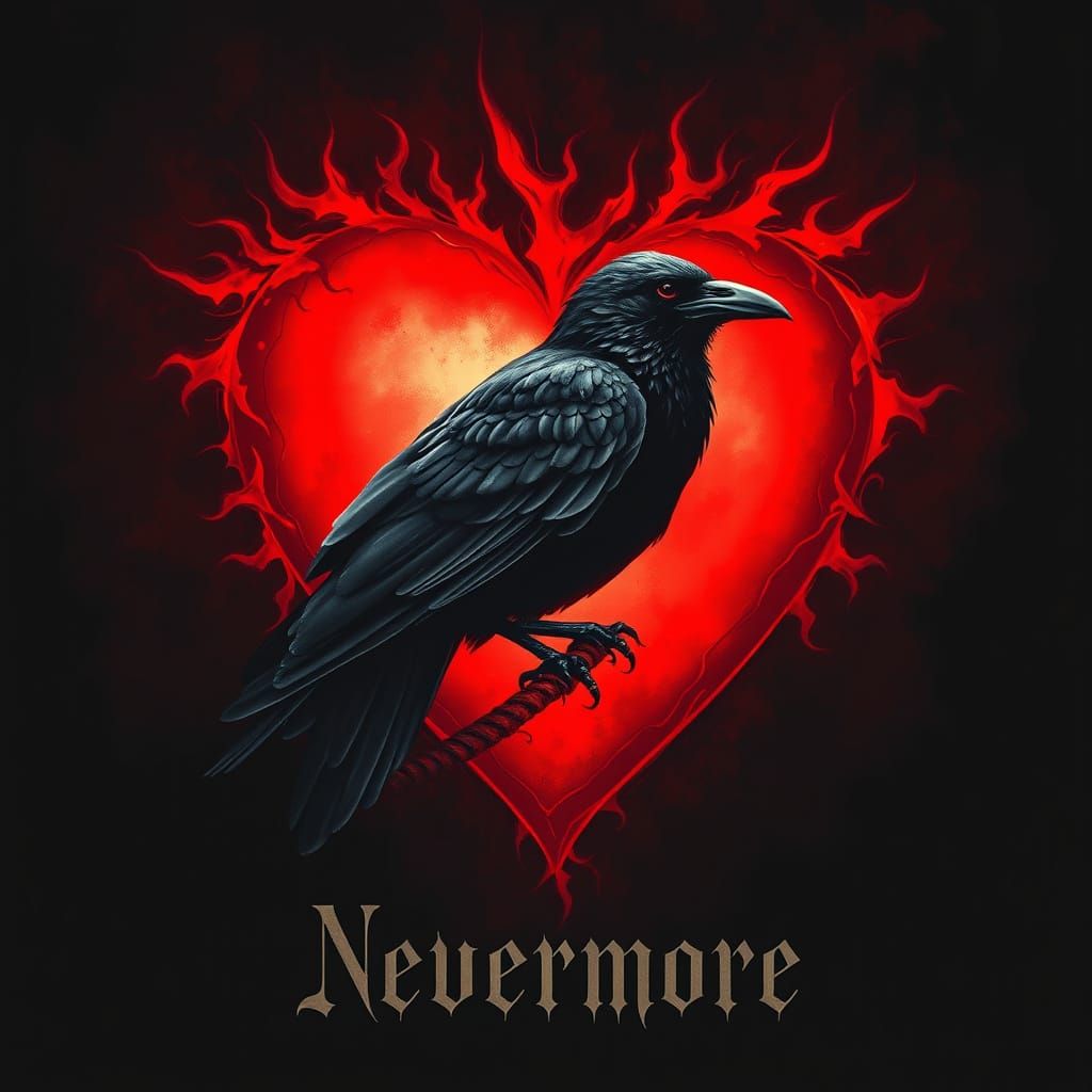 “Nevermore" - Raven Perched in Heart with Gothic Text