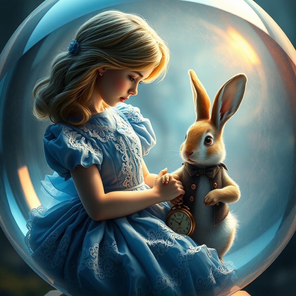 Beautiful Alice and White Rabbit from Wonderland inside a crystal ball ...