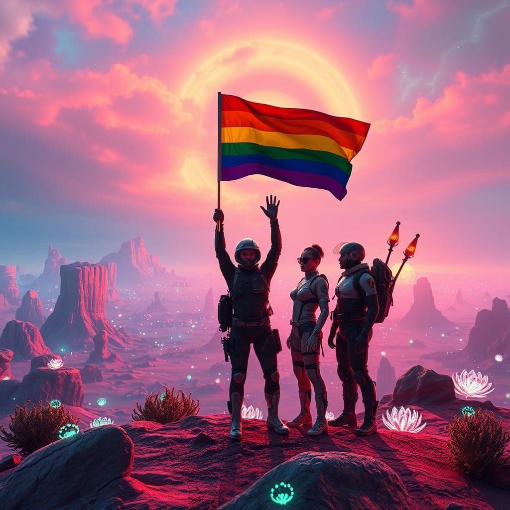 LGBTQ+ activists and allies in futuristic attire, raising a rainbow flag on an alien planet with ...