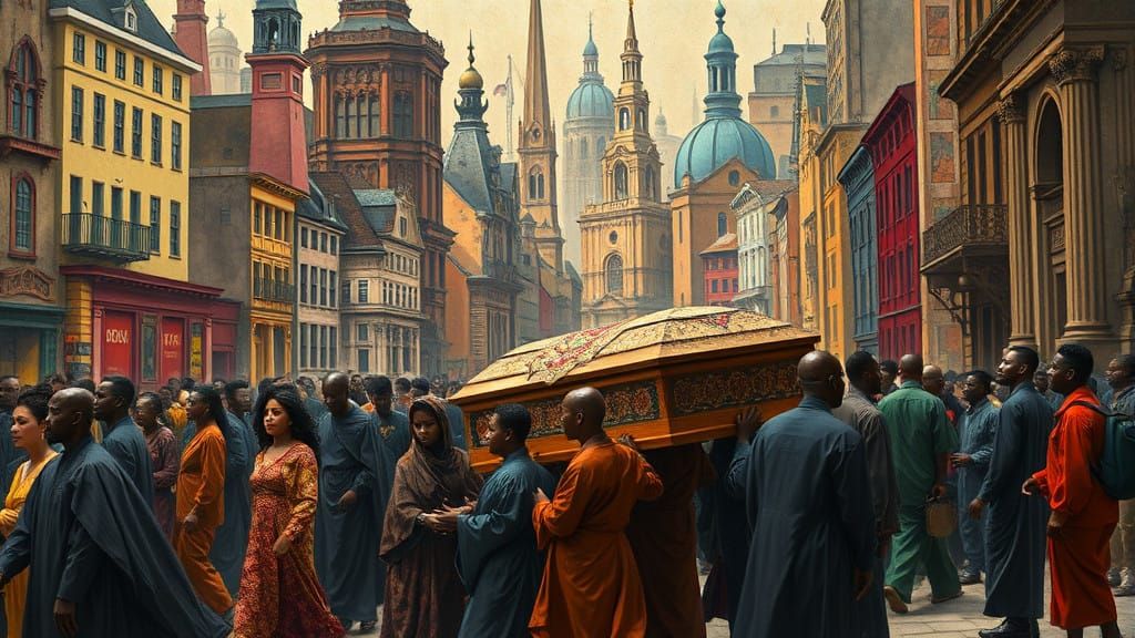 Elegant Funeral Procession in a Vibrant Cityscape - AI Art