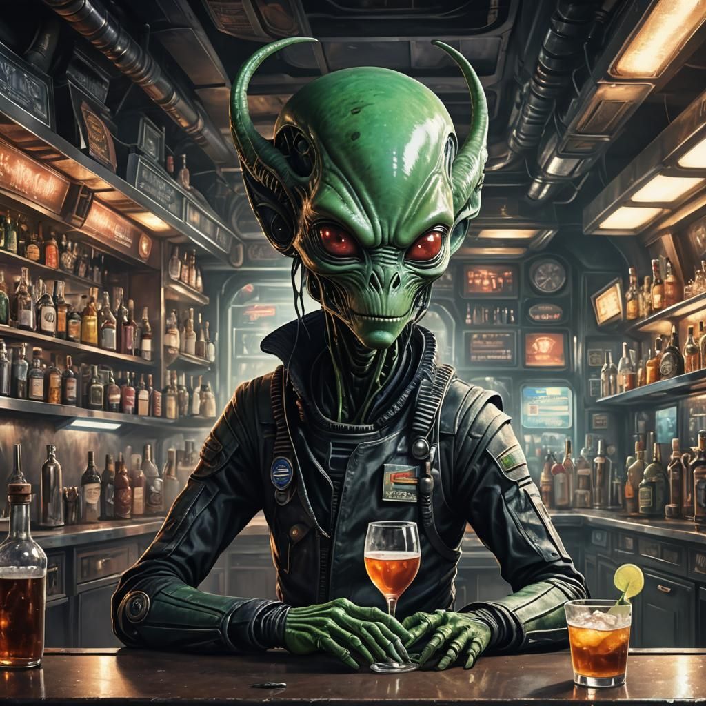 Futuristic Alien Bartender in Dystopian Sci-Fi Sce... - AI Art