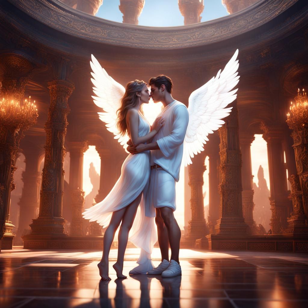 Female angels, wearing a white minidresses, dancing with and kissing a ...