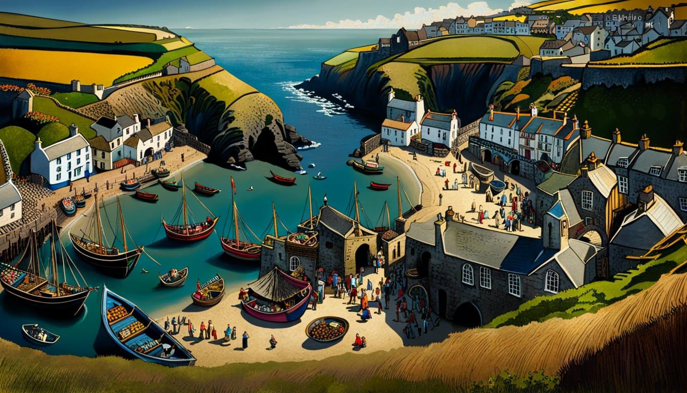 Port Isaac fishing village, Cornwall UK in the middle ages - AI ...