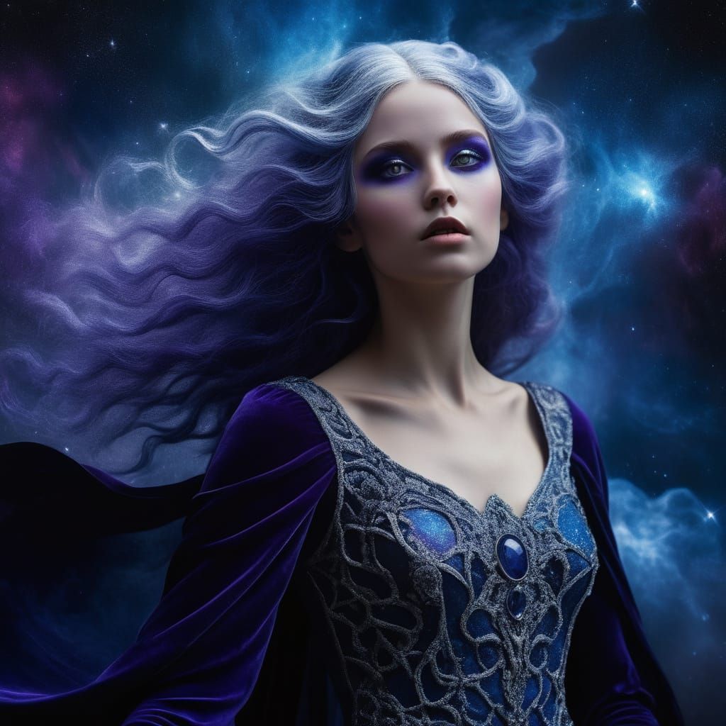 envision a gothic goddess emerging from a swirling nebula, her form ...