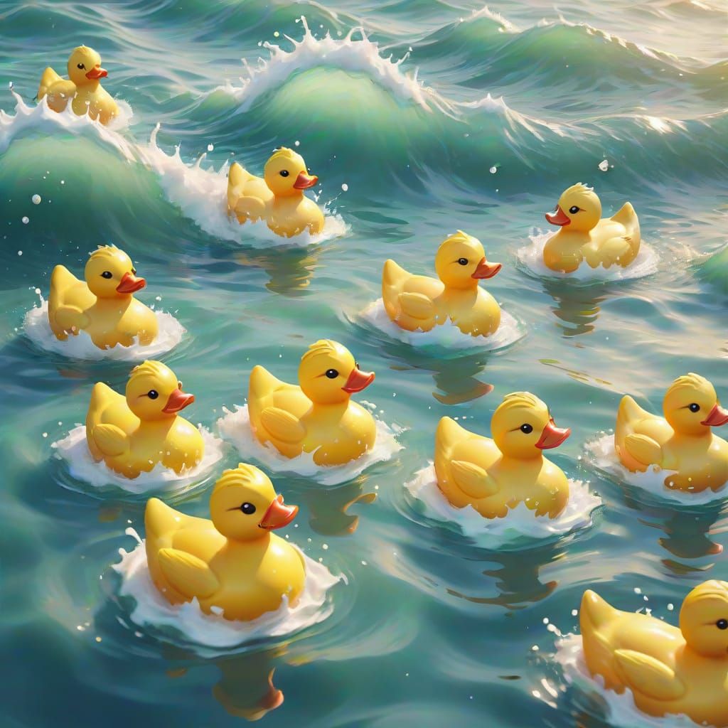 Rubber Ducks in ocean - Whimsical Oceanic Scene in Dreamy Wa...