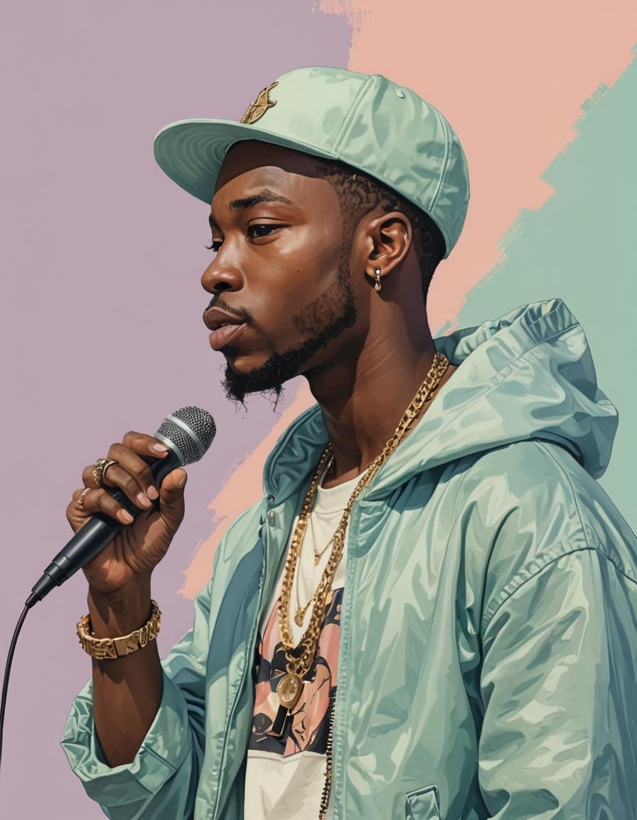 digital image, a rapper and a microphone, side view, African, pastel ...