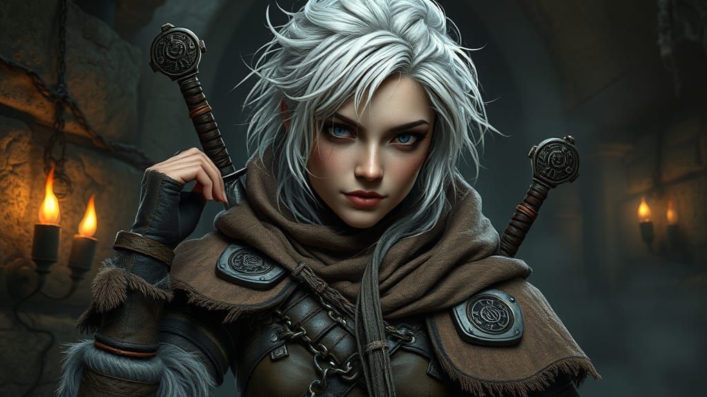 Human female rogue with piercing blue eyes and unruly white hair ...