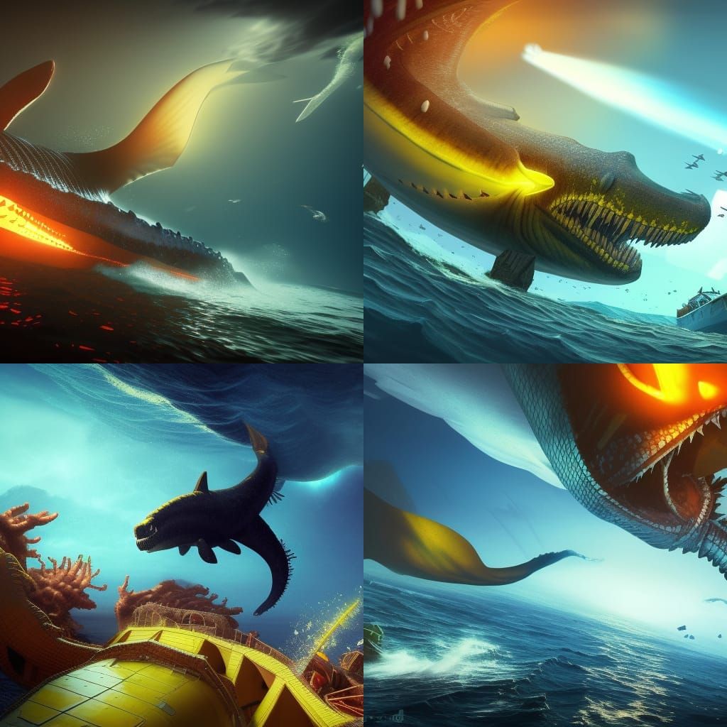 giant leviathan jumping out of the ocean to swallow a bright yellow ...