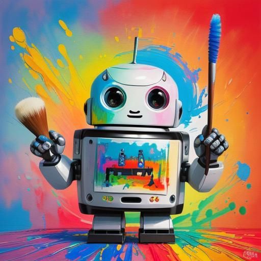 Very cute robot painting a colorful picture with a brush full of color ...