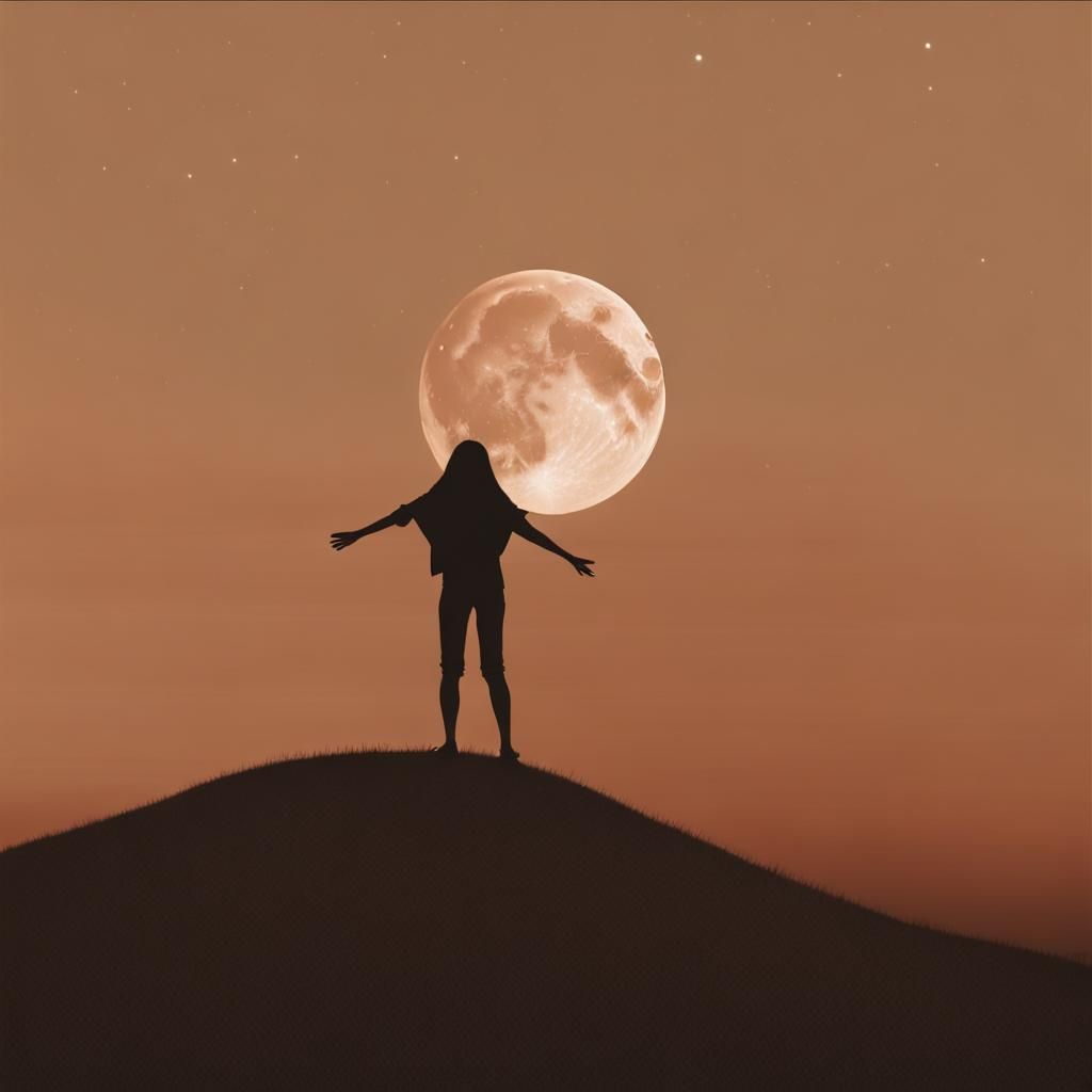 Silhouette of a person hugging a full moon in their open arms. They are ...