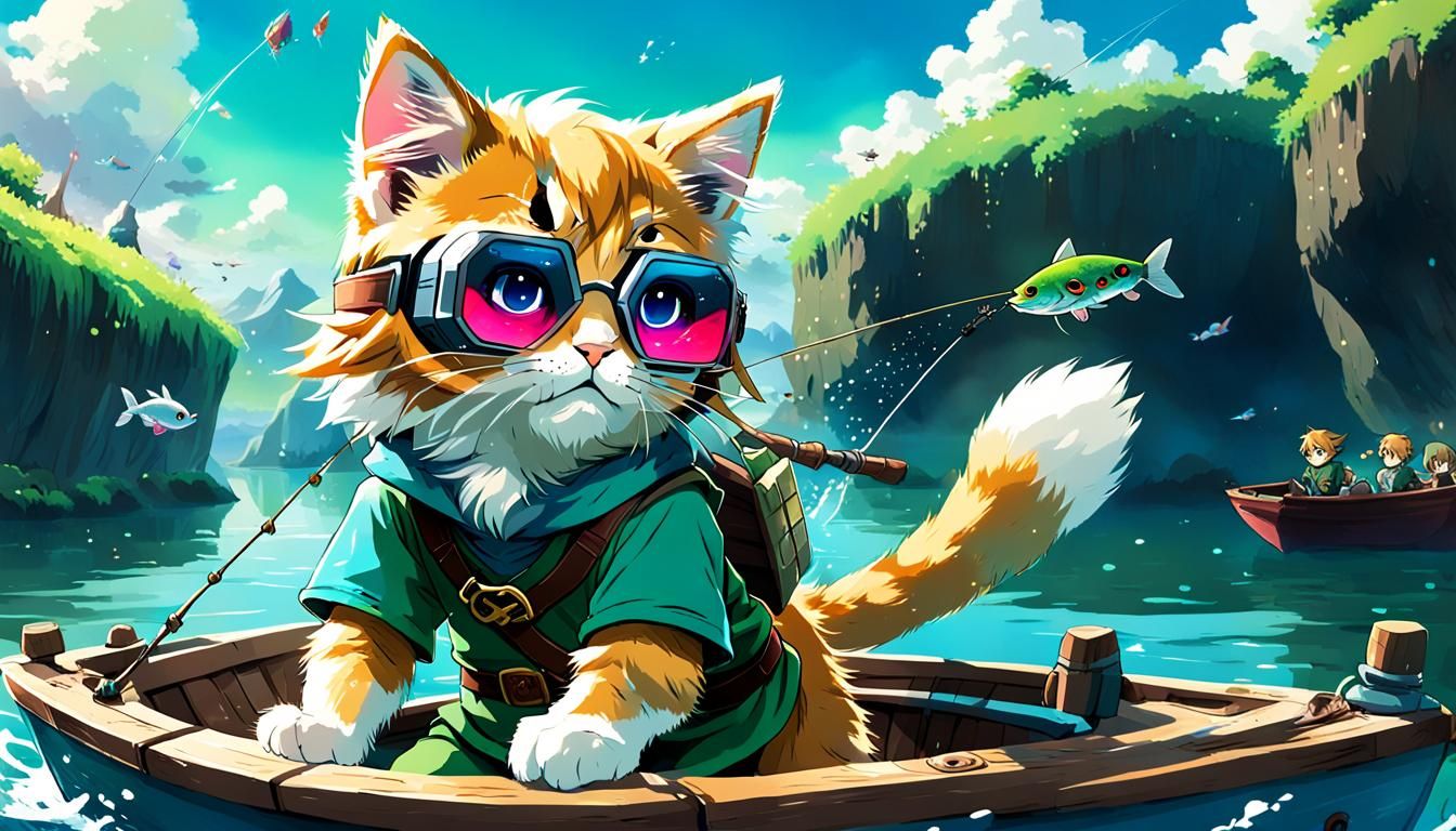 Fluffy kitten in Link's outfit with goggles fishing on a boat - AI ...