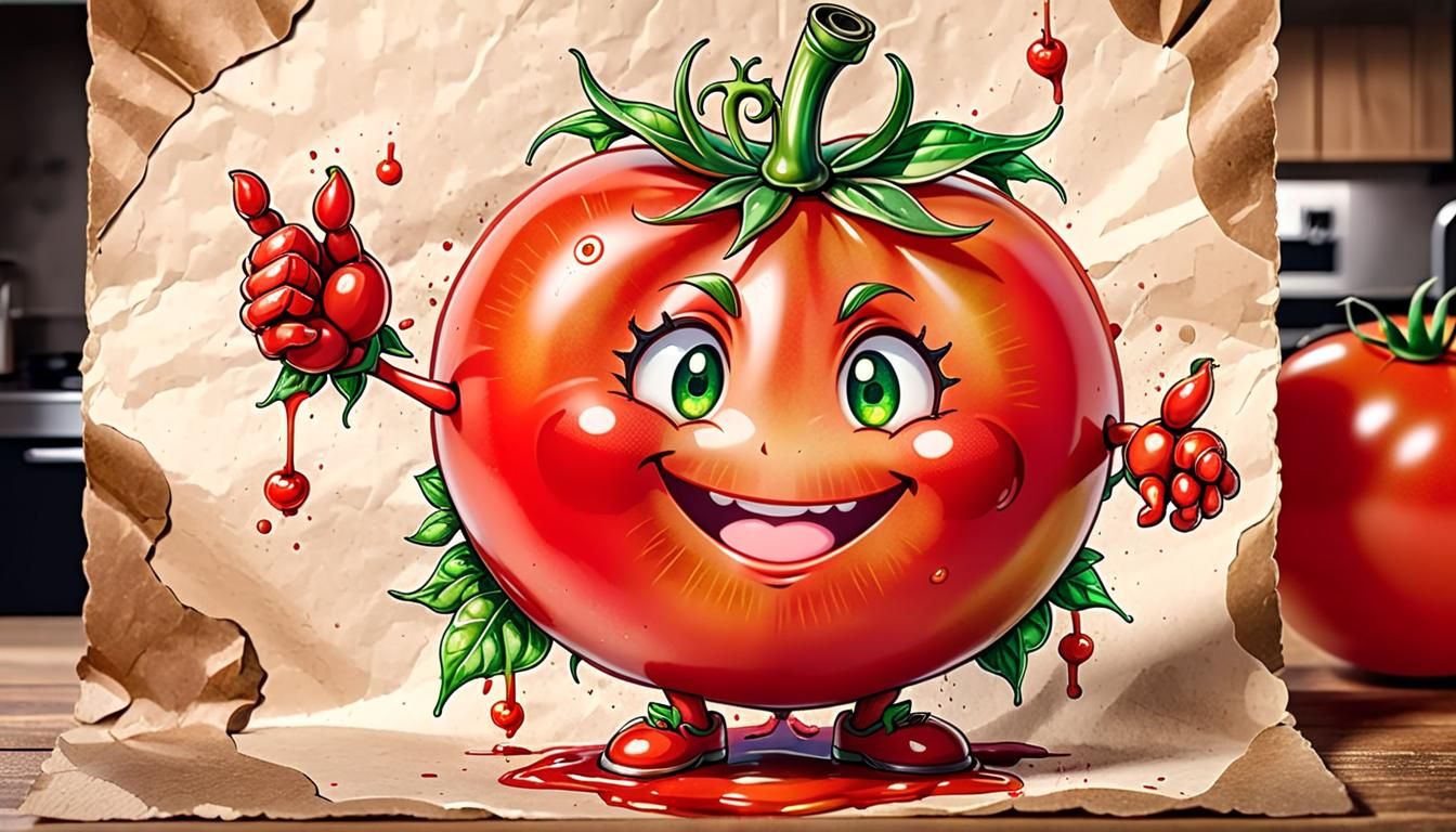 Chibi anthropomorphic tomato stood in a kitchen, smiling and waving ...