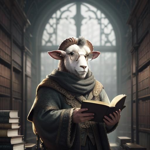 a sheep that is wearing glasses looking at a book in a library, there ...