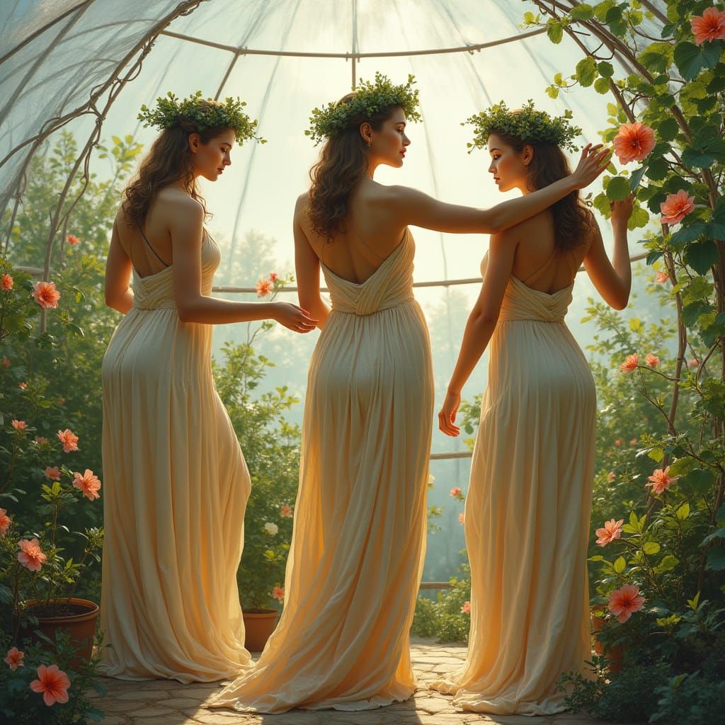 Ethereal Goddesses Tend to Futuristic Floral Parad... - AI Art