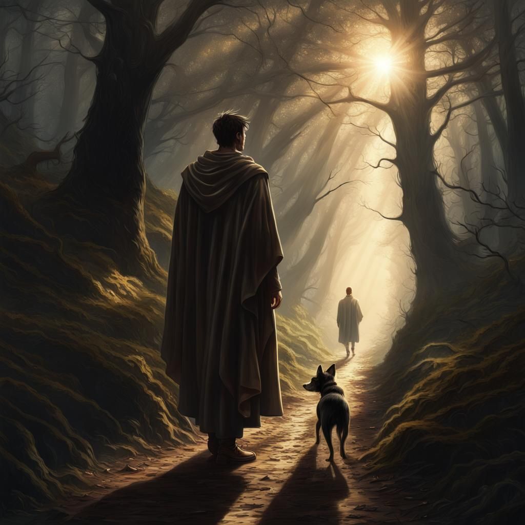 A young man in travelling robes walking along a path through a dark and ...