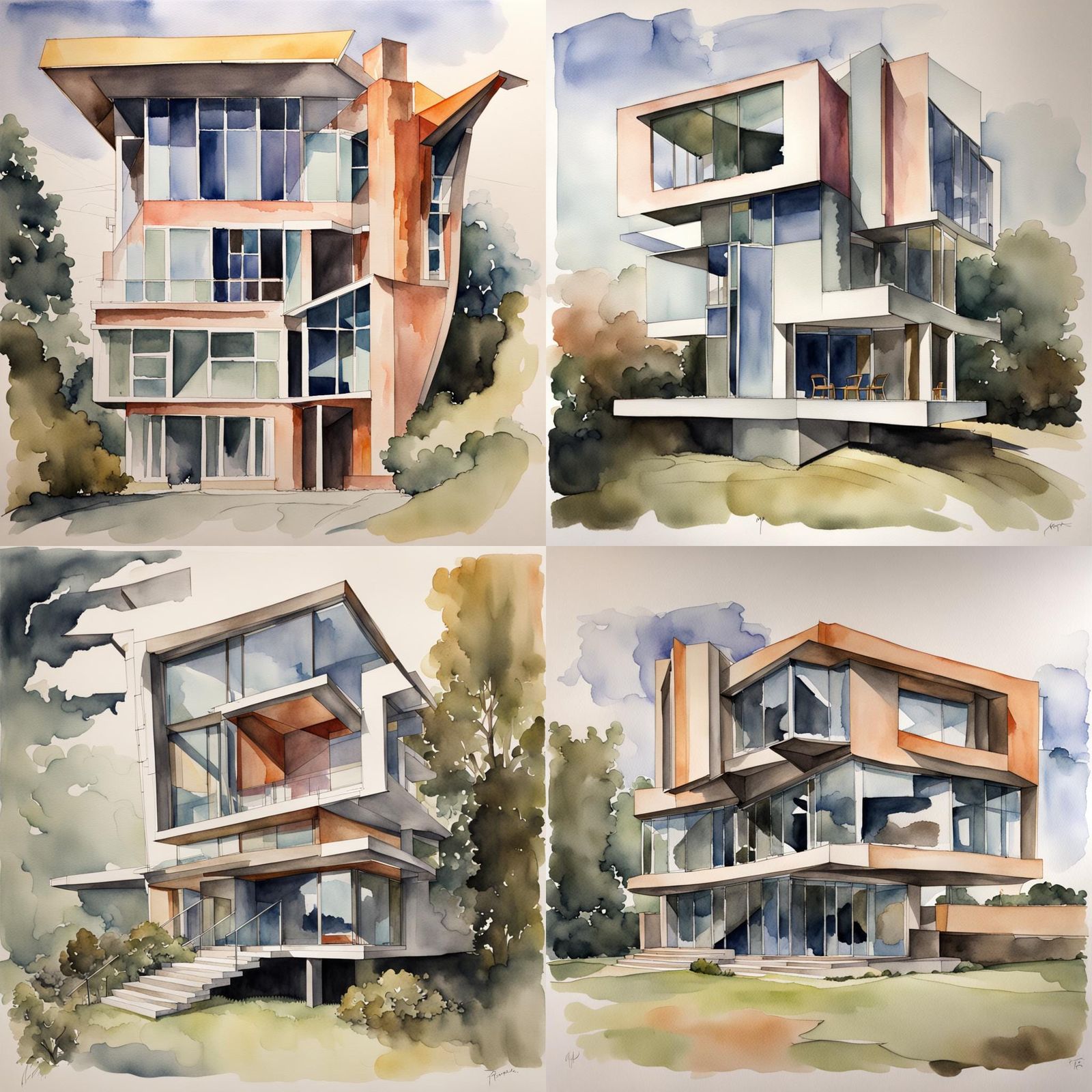 Watercolour painting of a wildly deconstructivist post modern house by ...