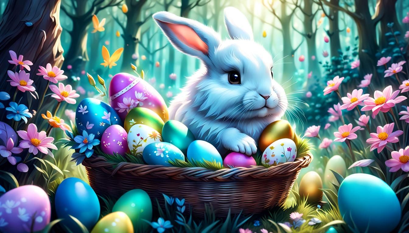 Cute baby rabbit fantasy art, in a magical forest with flowers all ...