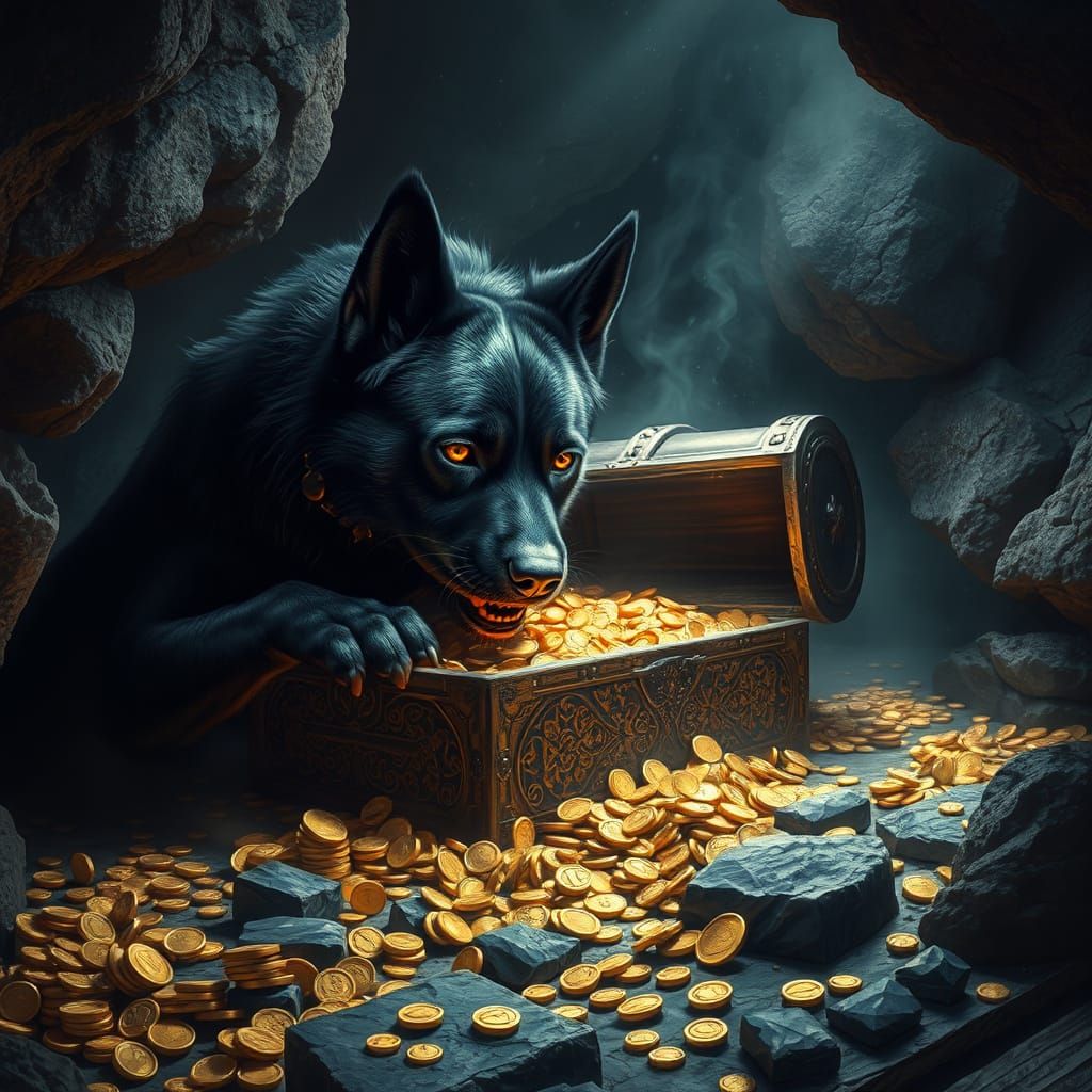 Grand Treasure Hound in a Mysterious Cave Scene in... - AI Art