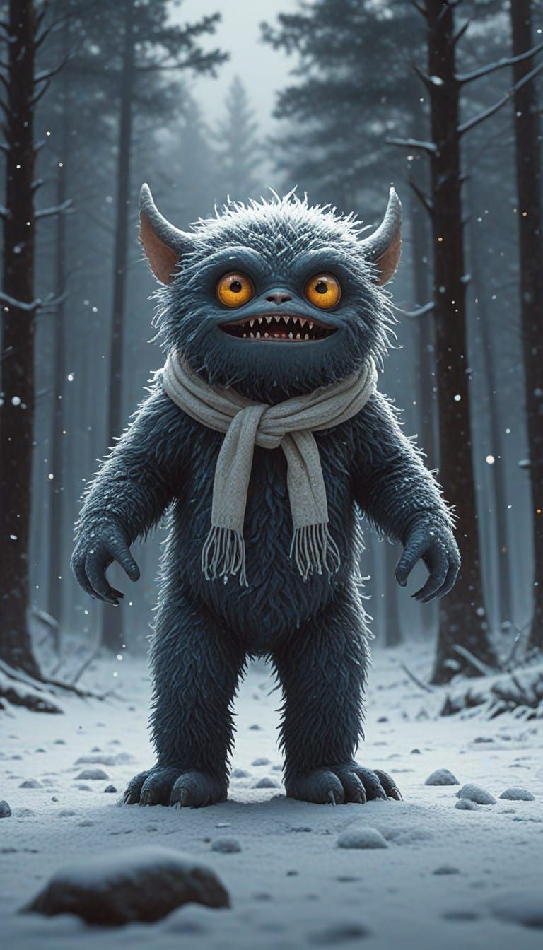 Whimsical Hyperrealistic Monster Catches Snowflake... - AI Art