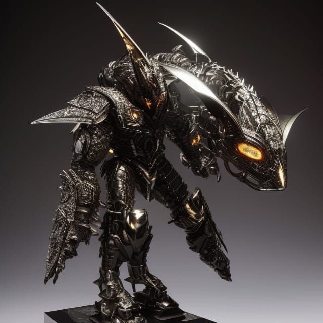 an armored Vampire Bat, highly reflective armor, shiny metal surface ...