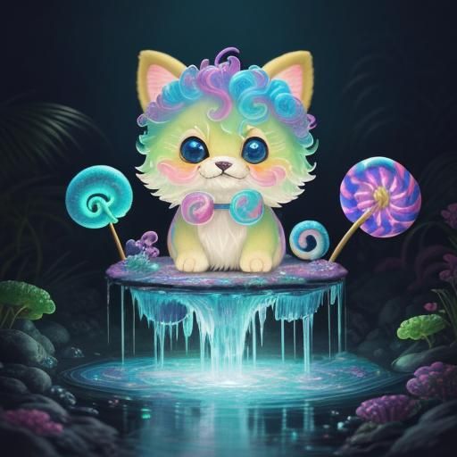 adorable cute chibi baby furry Puppy with a bioluminescent Waterfall in ...