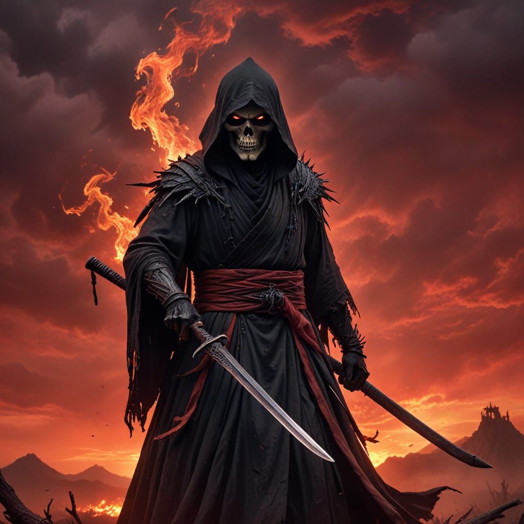 Grim Reaper Ninja - Dark Gothic Grim Reaper Warrior in Red S...