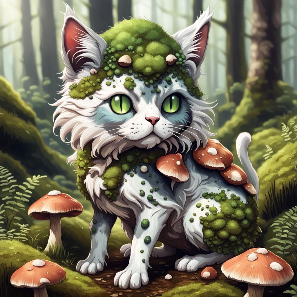 anthropomorphized protogen cat with mushrooms and moss growing all over ...